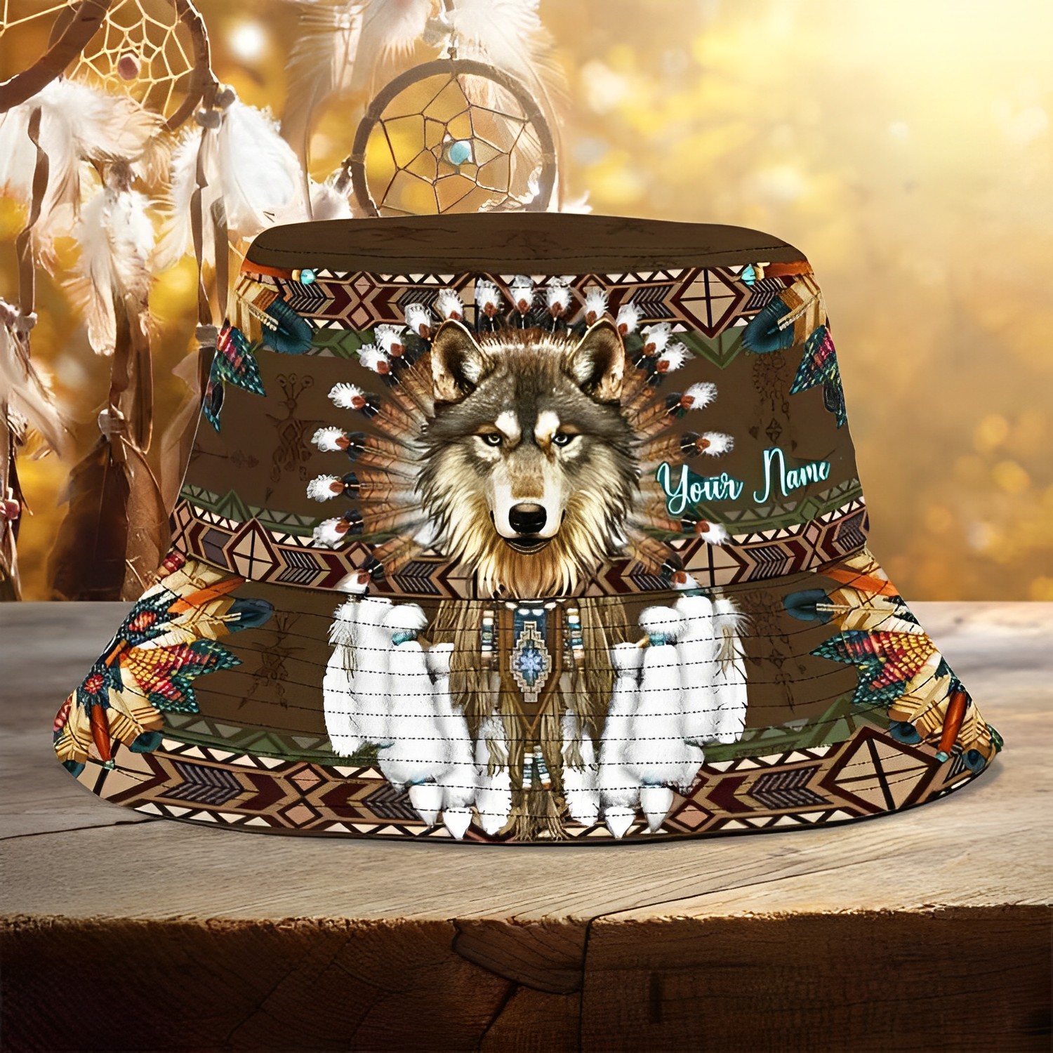 Indian Native Wolf Dream Catchers Bucket Hat Custom Name Adeenyc.com